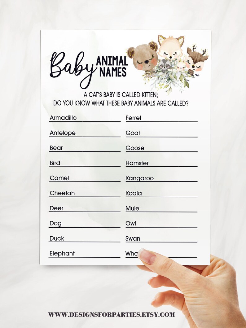 Forest Animals Guess Baby Animals Name Baby Shower Game | Etsy