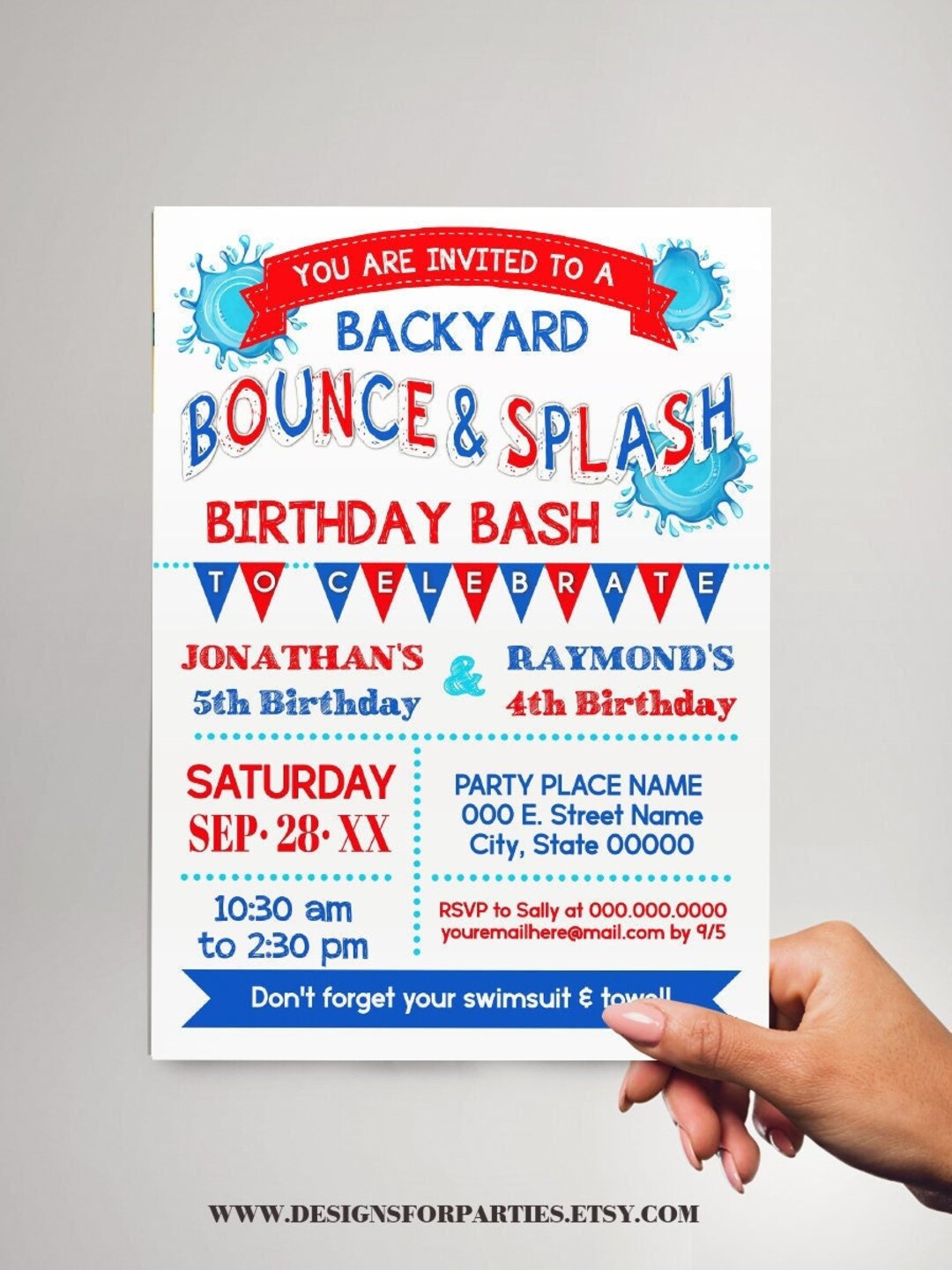 Bounce & Splash Backyard Bash Invitation Water Bash Combined Siblings ...