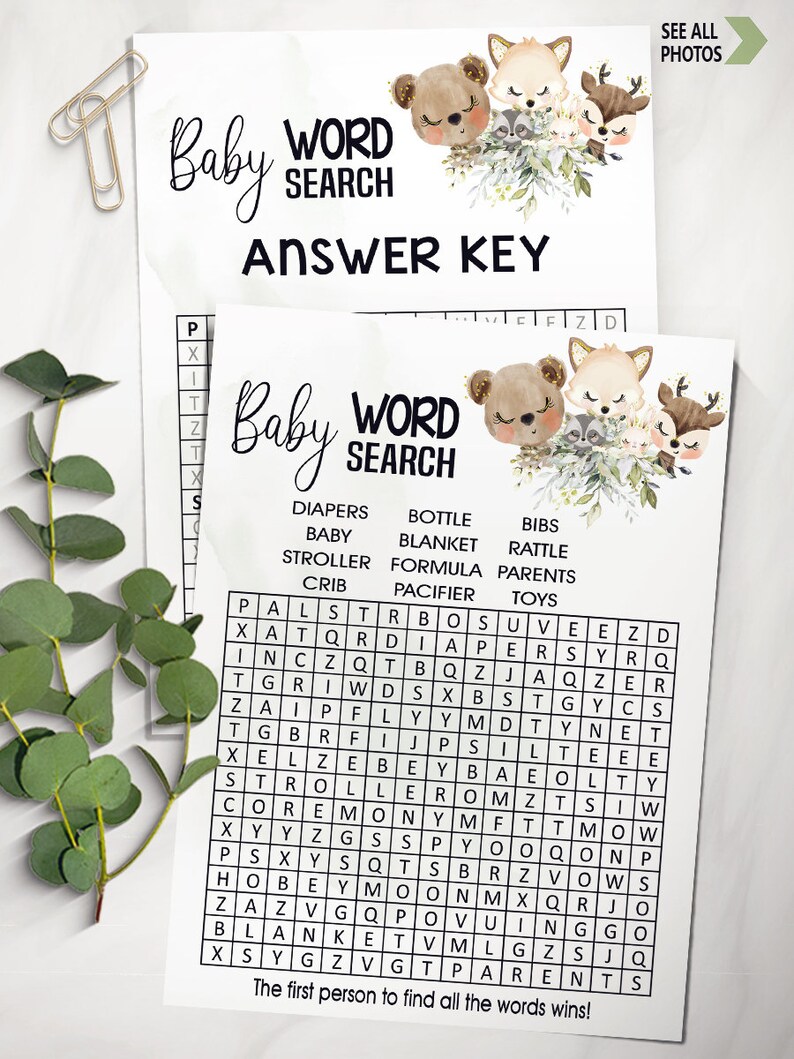 Forest Animals Baby Word Search Game Baby Shower Game Greenery | Etsy