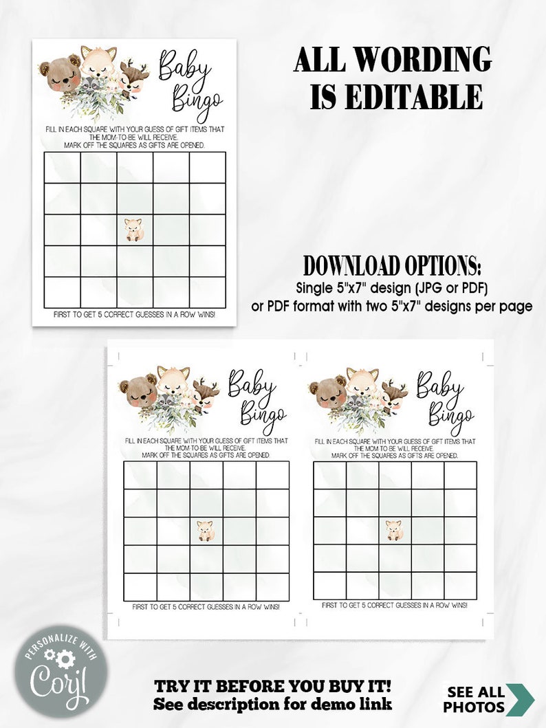 Forest Animals Baby Shower Bingo Bingo Baby Shower Editable | Etsy