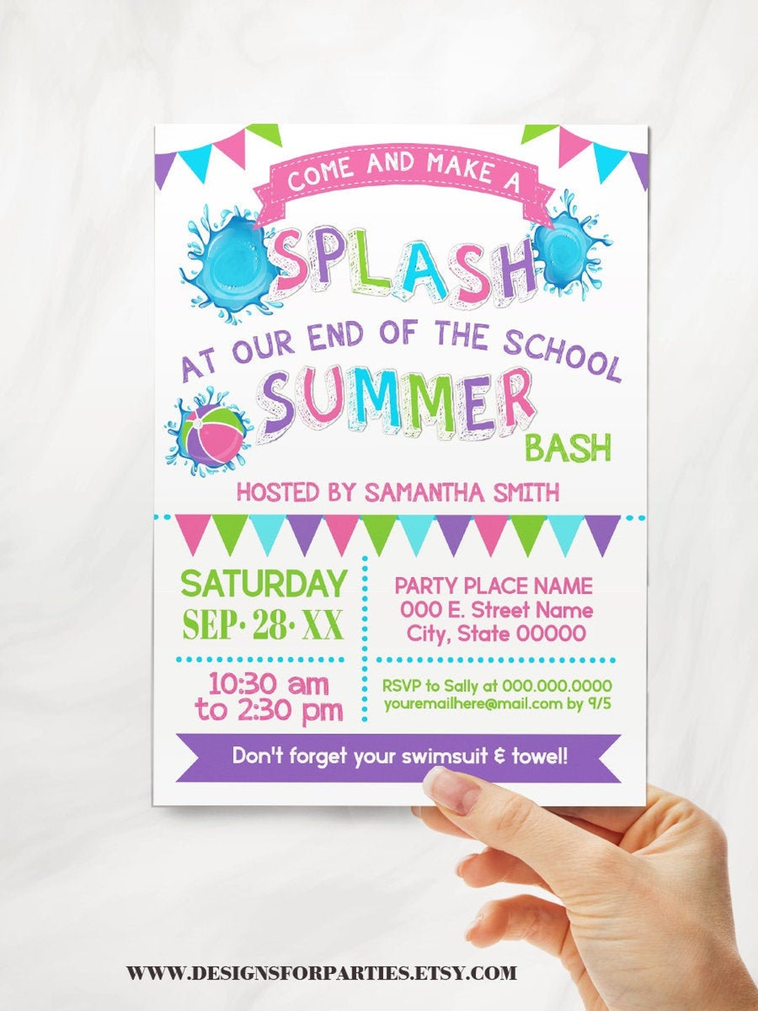 Pink Come Make a Splash End of School Summer Bash Invitation Children ...