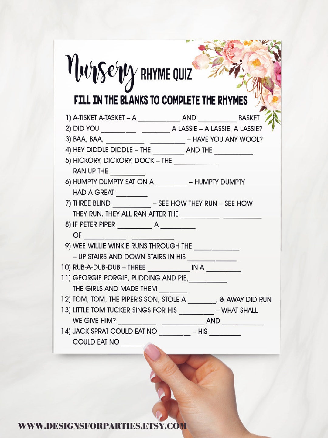 Pink Flowers Nursery Rhymes Baby Shower Game Complete the Rhyme Country ...