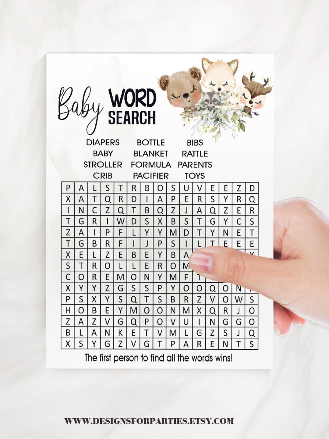 Forest Animals Baby Word Search Game Baby Shower Game Greenery ...
