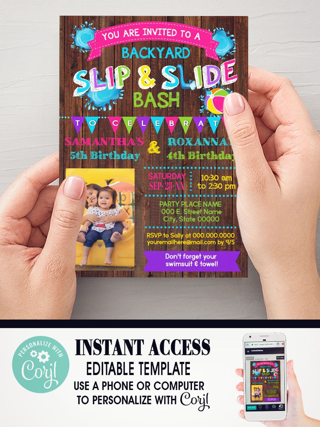 Slip & Slide Siblings Birthday Bash Photo Invitation: Hot Pink Woden ...