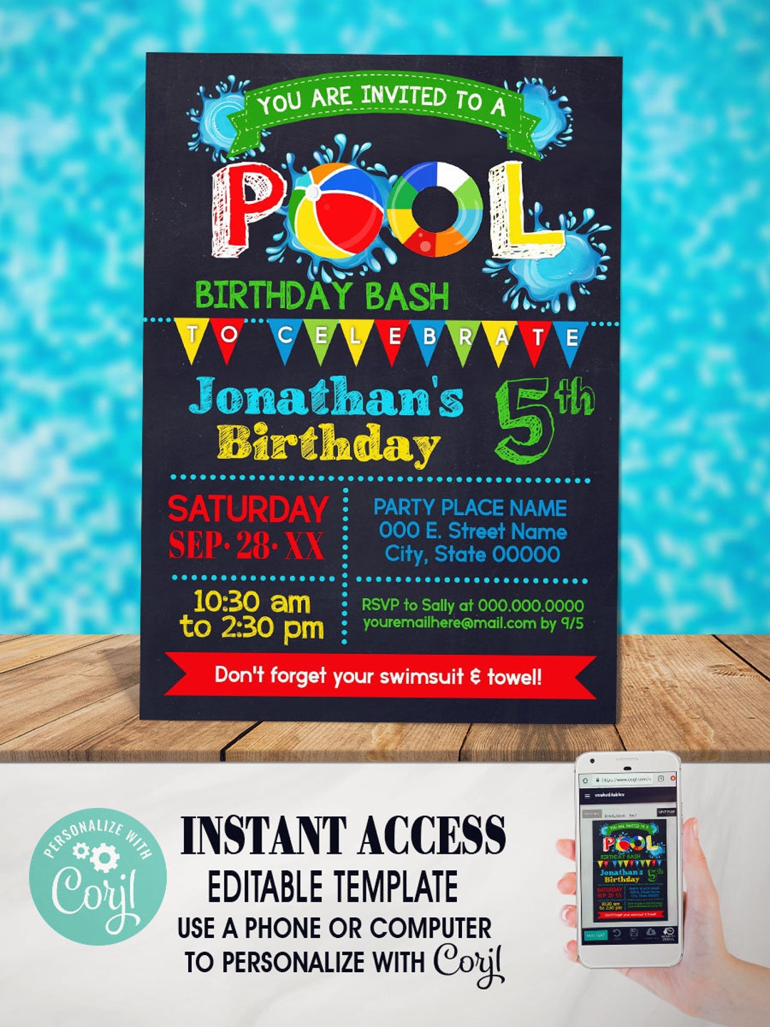 Pool Summer Backyard Bash Invitation Water Bash Chalkboard Primary ...