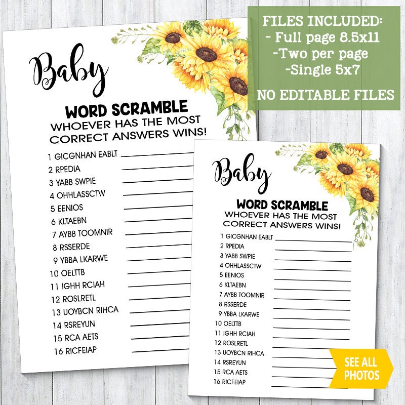 Sunflower Floral Baby Word Scramble Baby Shower Game - Etsy