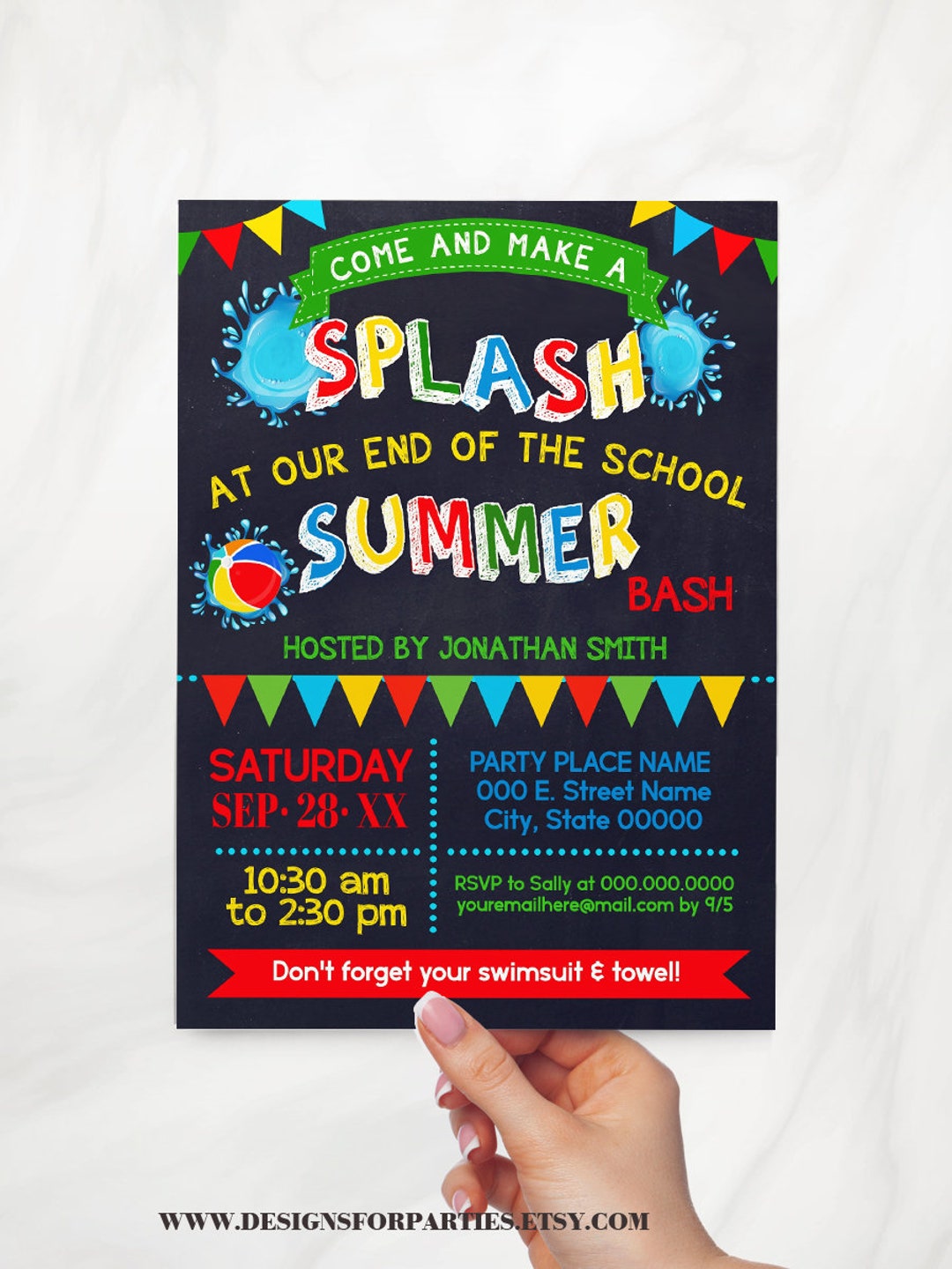 Come Make a Splash End of School Summer Bash Invitation Children Summer ...