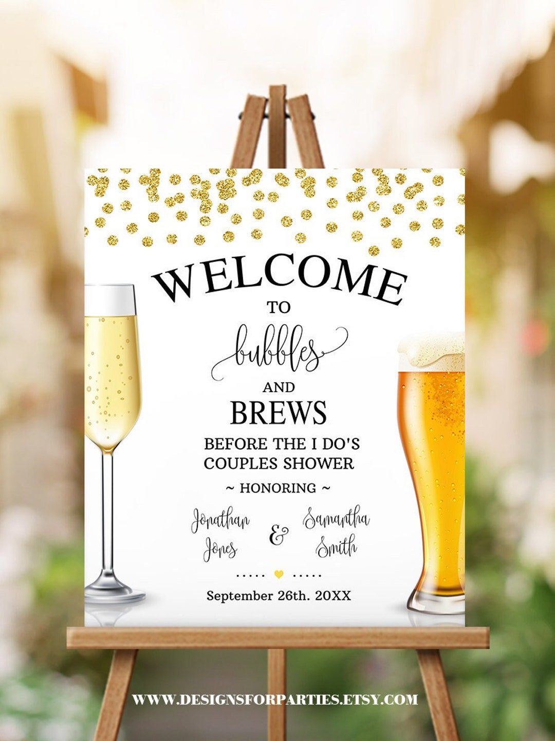 Gold Glitter Welcome Sign Bubbles and Brews Before They Say I Do ...