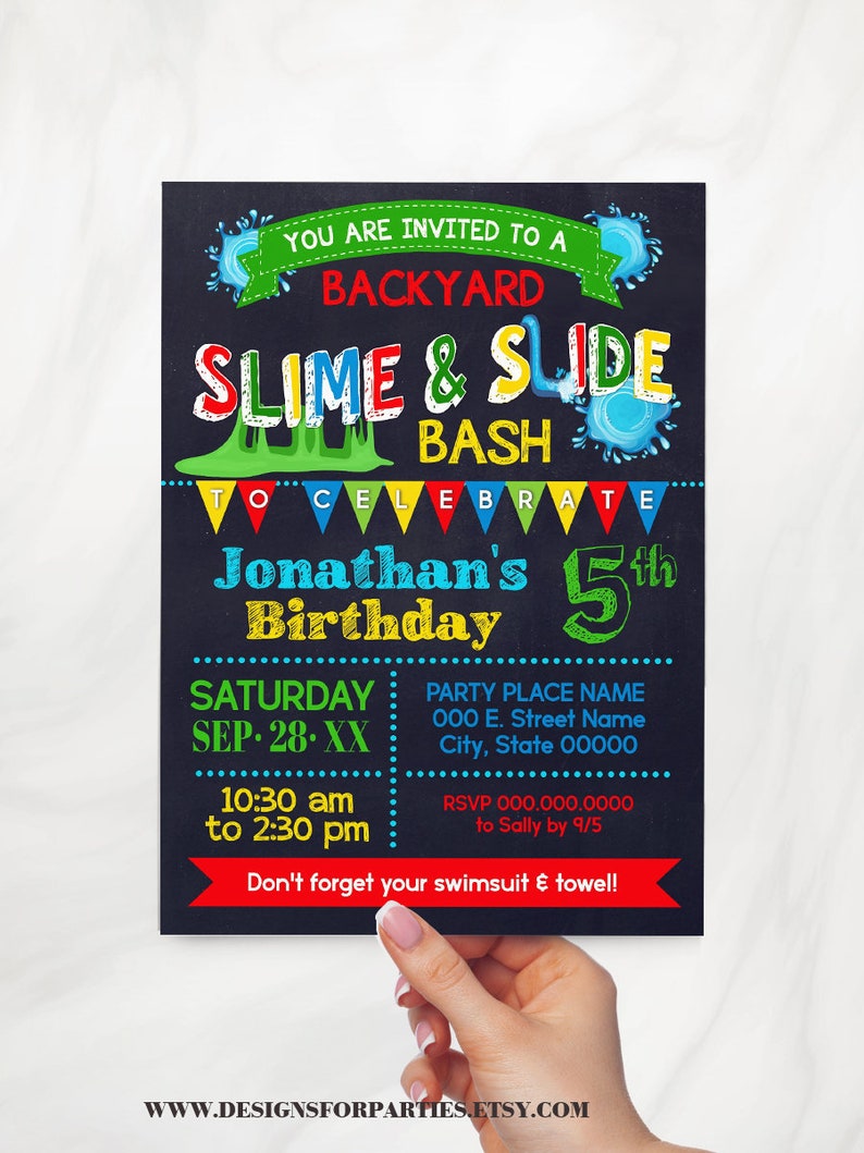 Slime & Slide Summer Backyard Birthday Bash Invitation Kids - Etsy