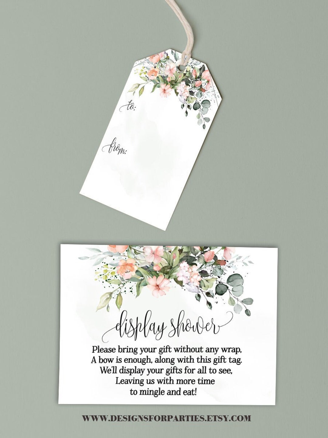 Display Shower Insert Card & Gift Tag No Wrap Shower Eucalyptus ...