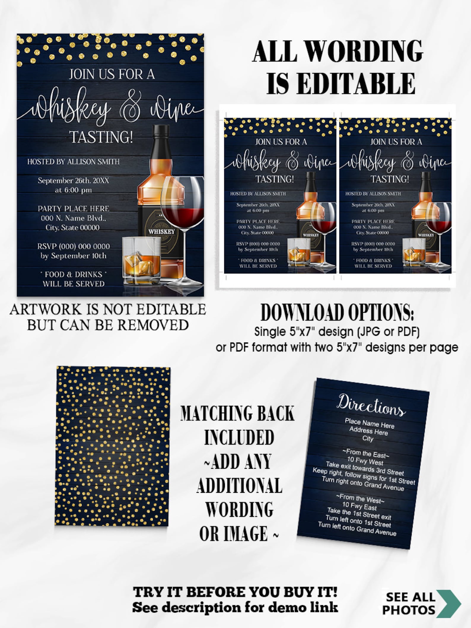 Whiskey & Wine Tasting Party Invitation Gold Glitter Blue Wood - Etsy