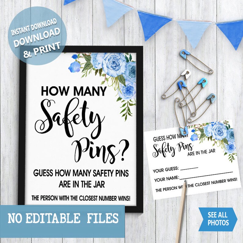 How Many Safety Pins Game Baby Shower Game Blue Flowers - Etsy