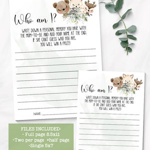 Forest Animals Who Am I Game Baby Shower Game Guess Who I Am Greenery ...