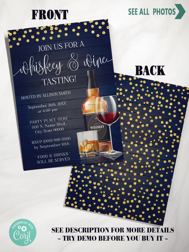 Whiskey & Wine Tasting Party Invitation Gold Glitter Blue Wood - Etsy