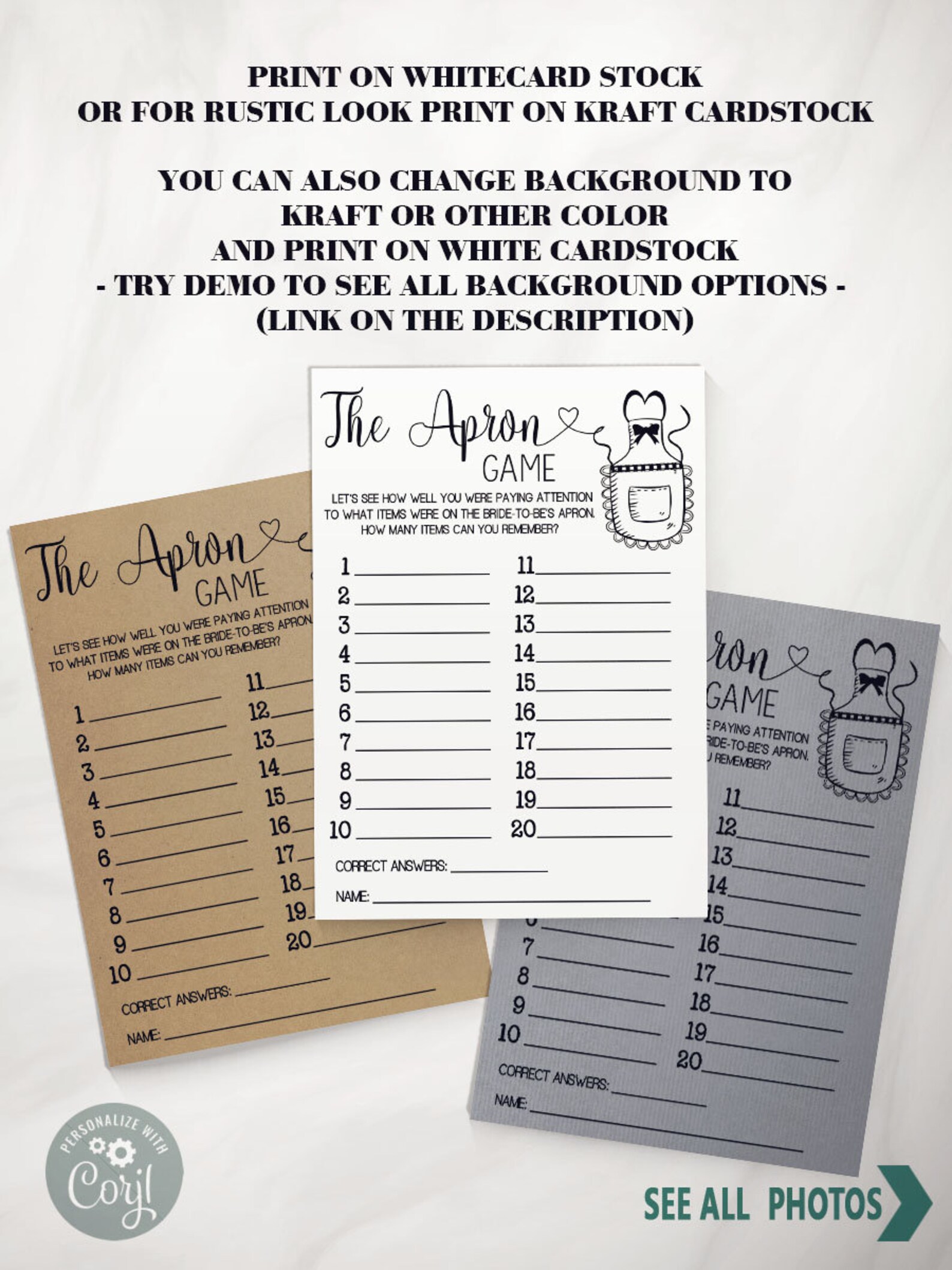 The Apron Game Bridal Shower Memory Editable Game White Back Etsy
