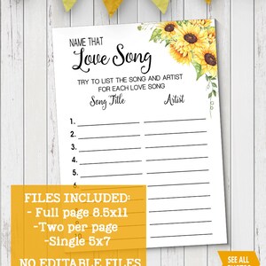 Name That Song Game Bridal Shower Name That Tune Game Sunflowers Boho ...