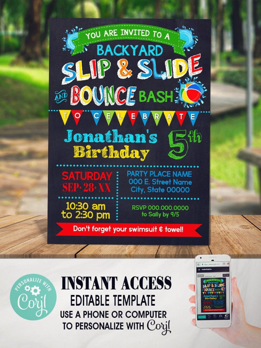 Slip & Slide and Bounce Birthday Invitation: Chalkboard Primary Colors ...