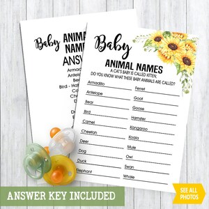 Sunflowers Guess Baby Animals Name Baby Shower Game Sunflower Floral ...