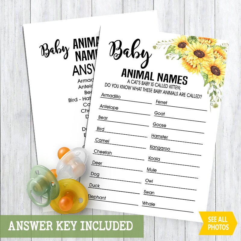 Sunflowers Guess Baby Animals Name Baby Shower Game Sunflower - Etsy