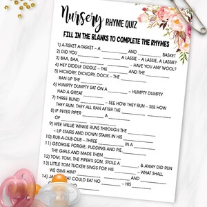 Pink Flowers Nursery Rhymes Baby Shower Game Complete the Rhyme Country ...