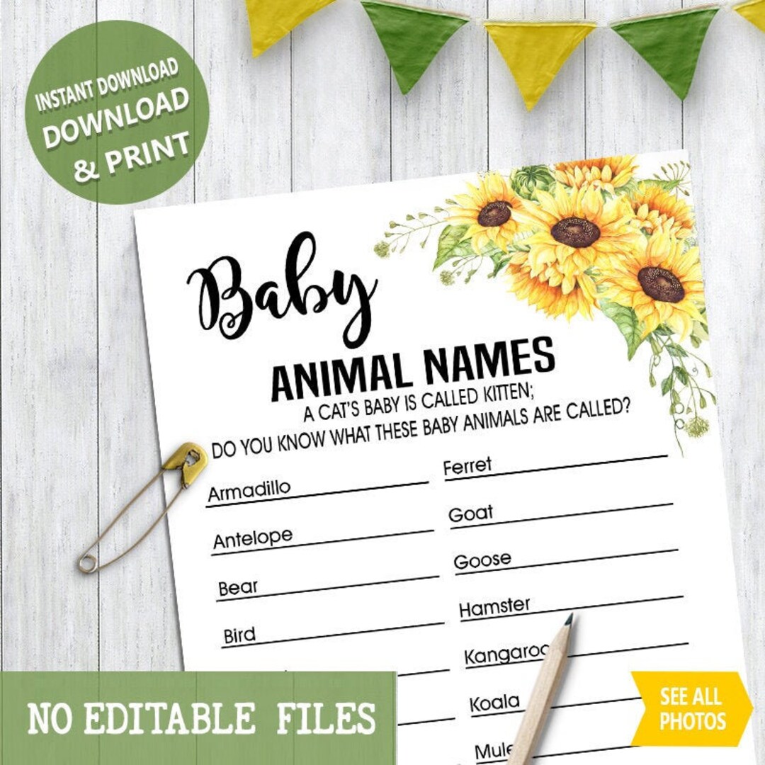 Sunflowers Guess Baby Animals Name Baby Shower Game Sunflower Floral ...