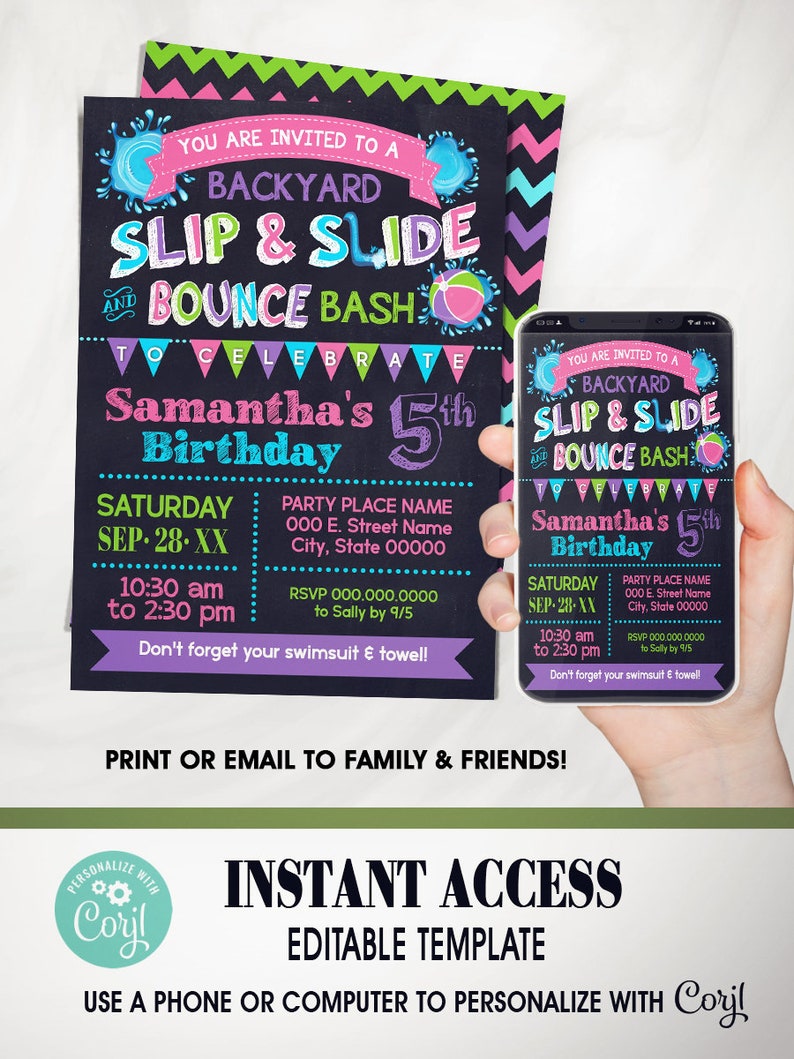 Slip & Slide and Bounce Summer Backyard Bash Invitation Summer - Etsy