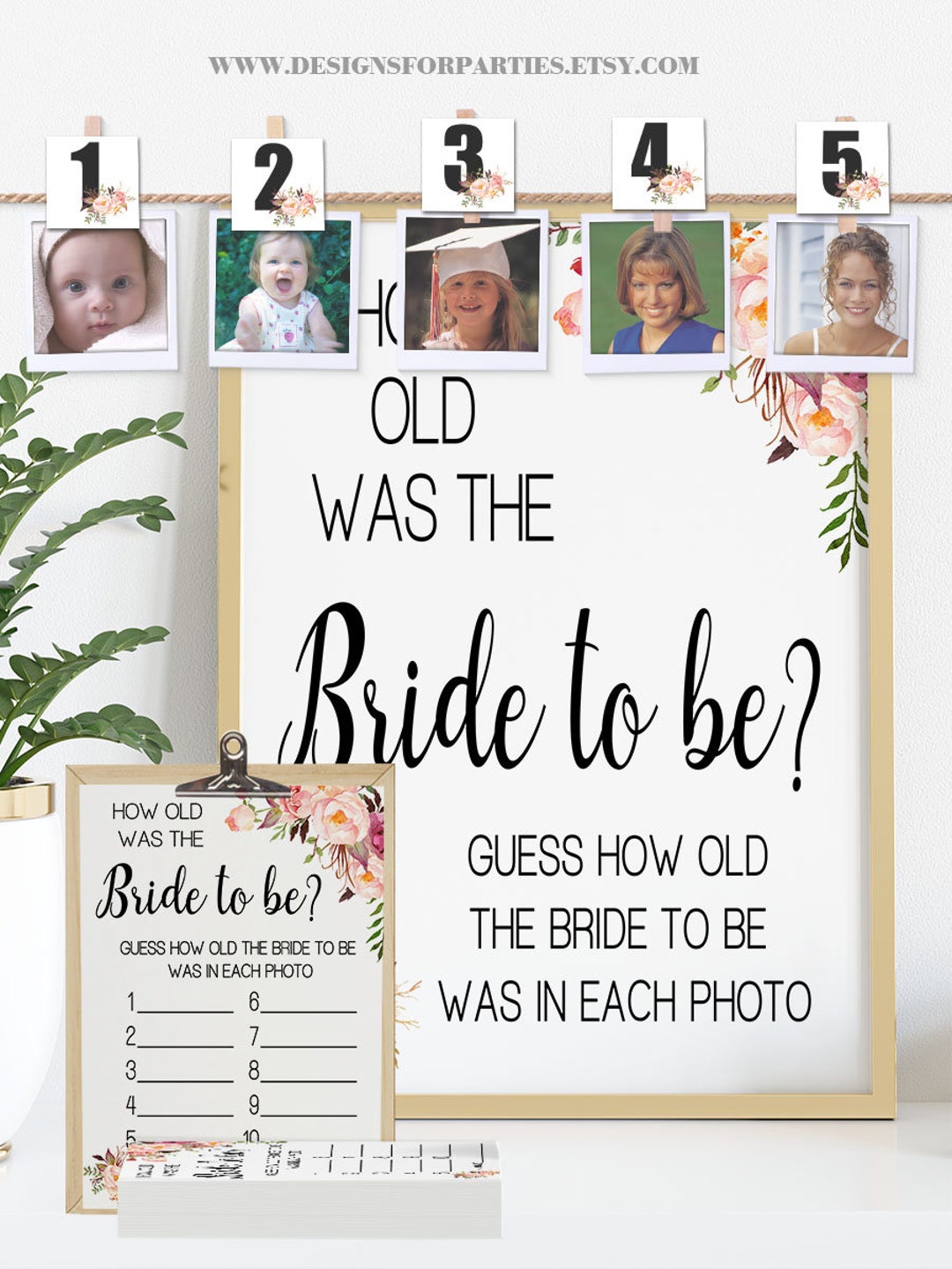 Pink Flowers Boho Chic Bridal Shower Guess Bride's Age Game (ready to ...