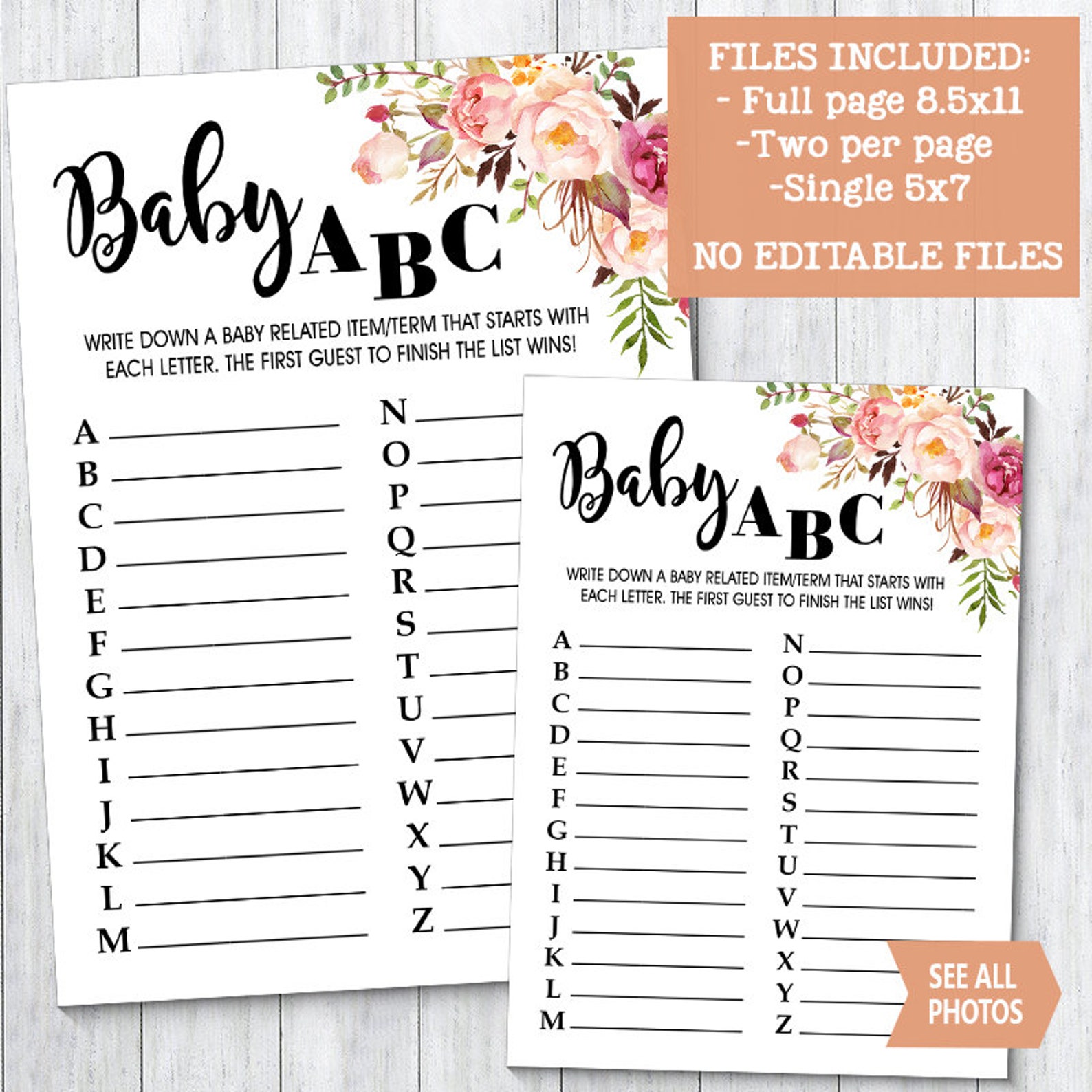 ABC Baby Shower Game Guess ABC Baby Words Pink Flowers | Etsy