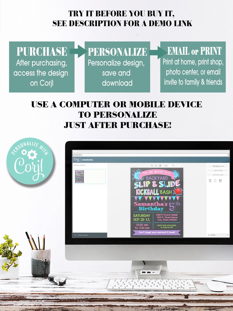 Slip & Slide Kickball Summer Birthday Bash Invitation Children - Etsy