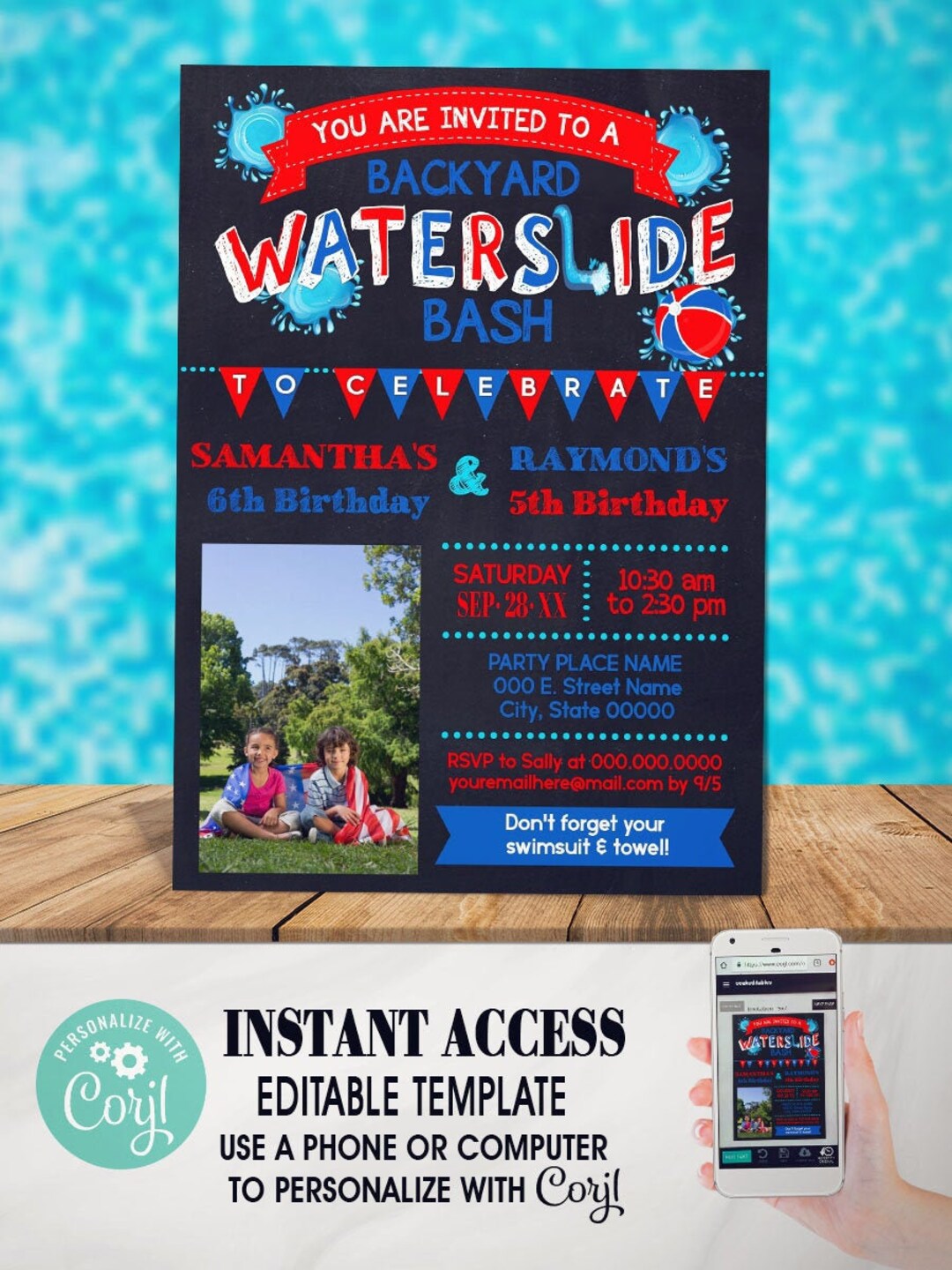 Waterslide Siblings Birthday Photo Invitation: Red, White & Blue (self ...