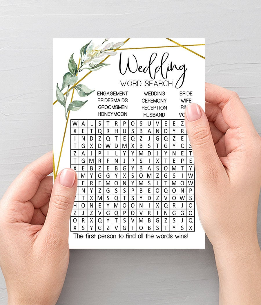 Wedding word search game bridal shower game greenery gold | Etsy