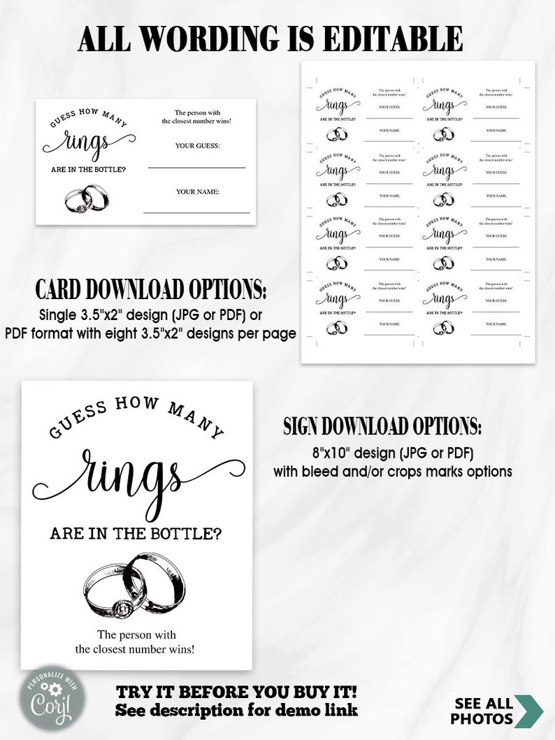 Guess How Many Rings Game Bridal Shower Editable Game White - Etsy