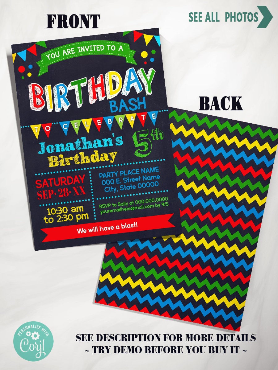 Birthday bash invitation primary colors children chalkboard | Etsy