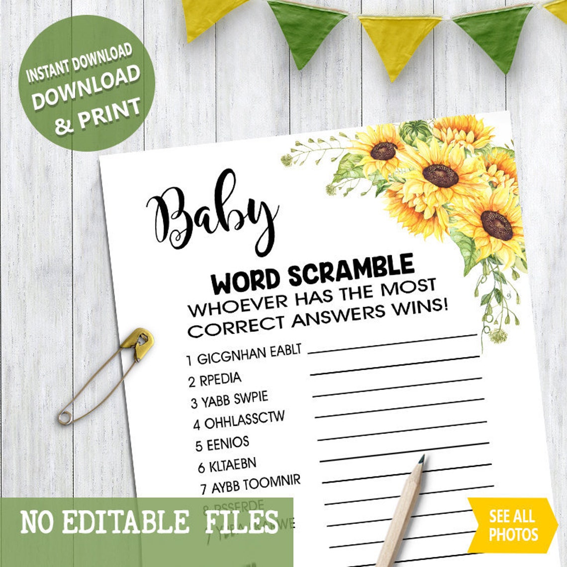 Sunflower Floral Baby Word Scramble Baby Shower Game | Etsy
