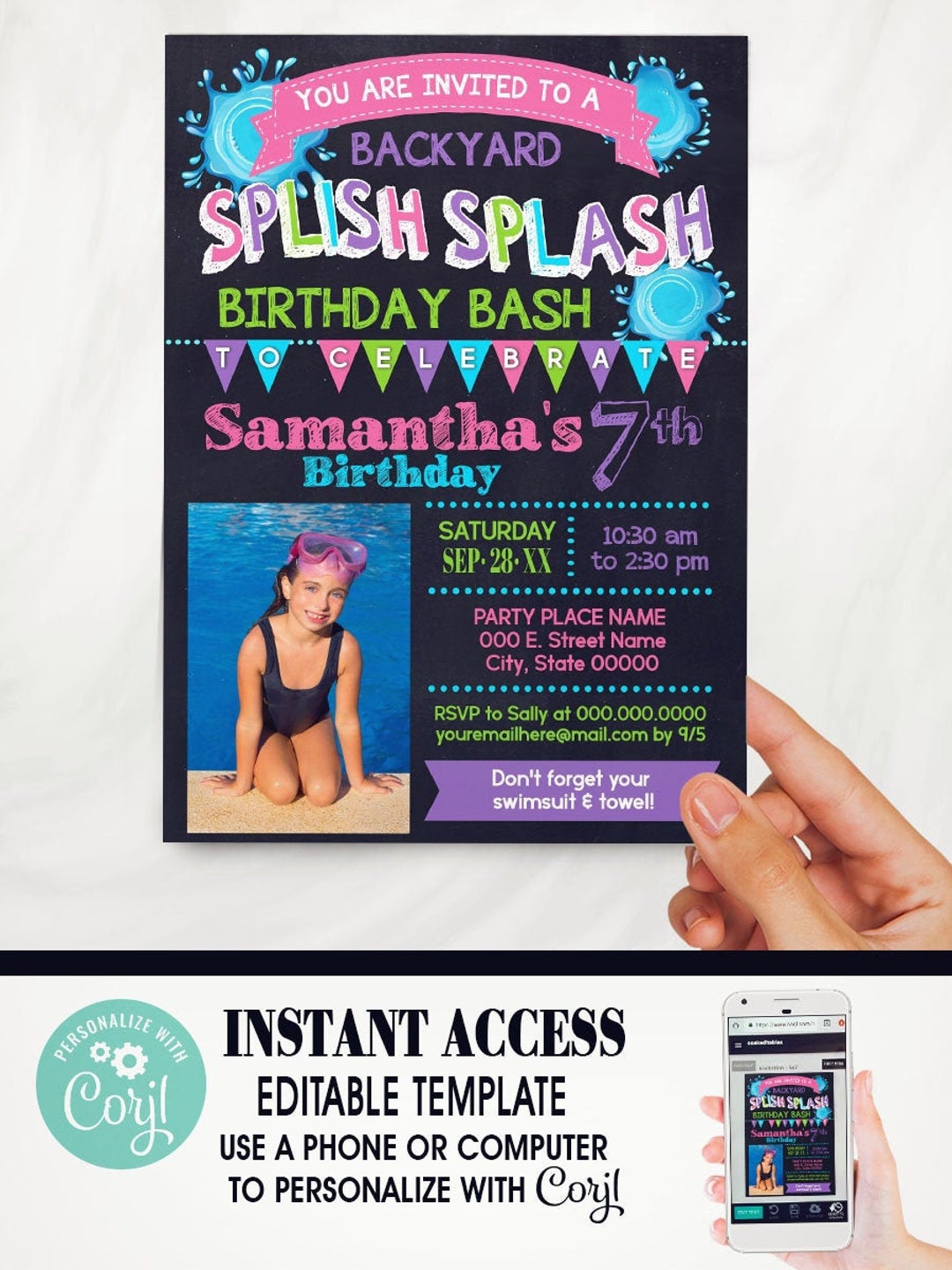 Pink Splish Splash Summer Backyard Water Bash Invitation Children ...