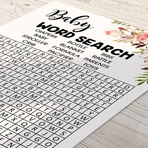 Pink Flowers Baby Word Search Game Baby Shower Game Pink Floral Boho ...