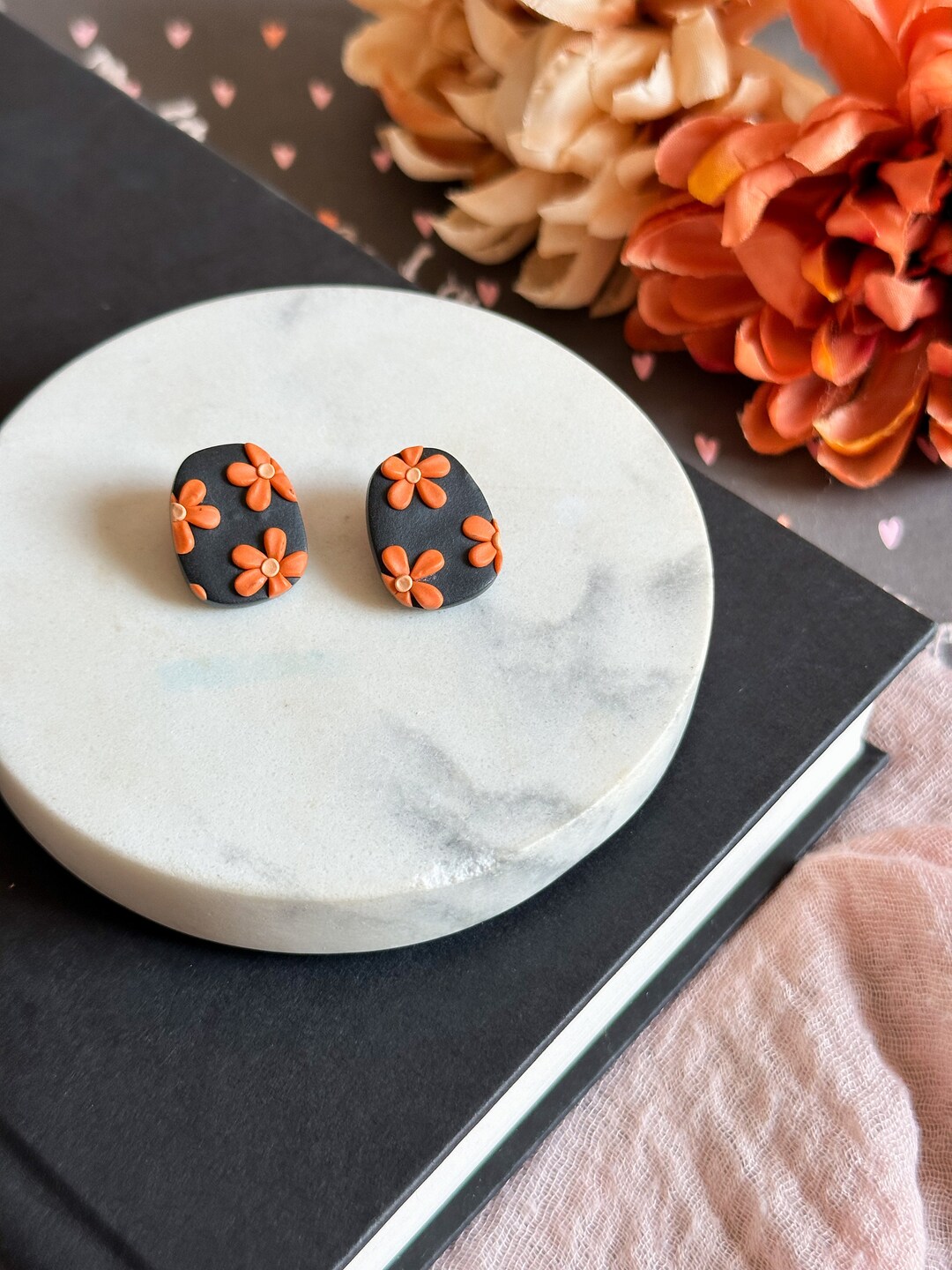 Black and Rust Orange Floral Design for Fall Handmade Polymer Clay ...