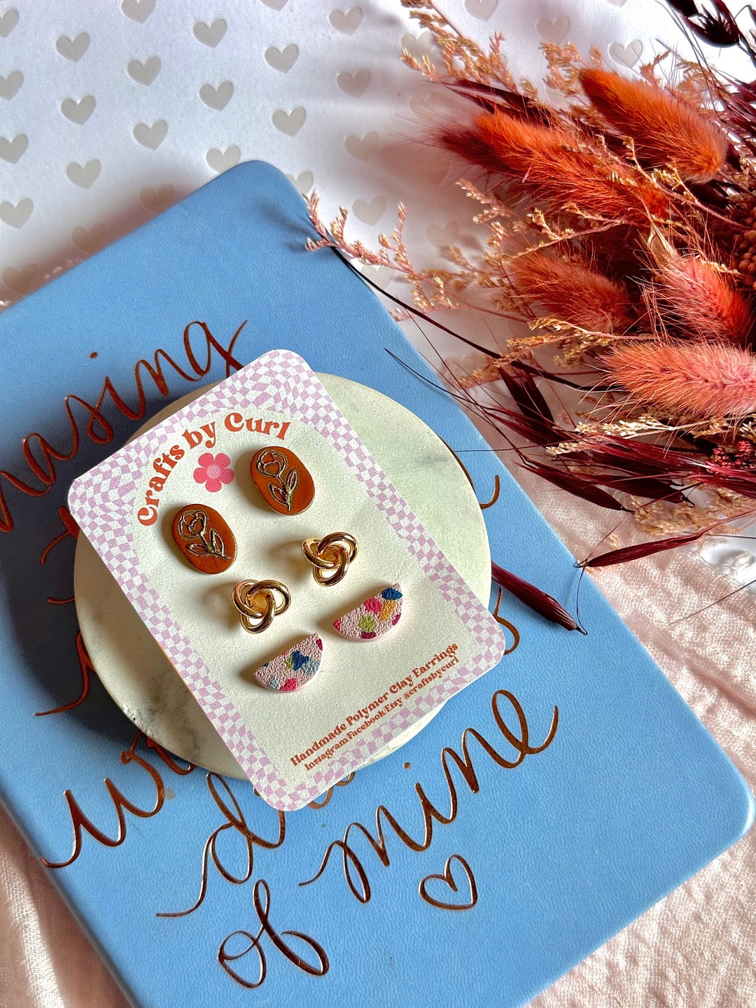 Terracotta Hand-painted Embossed Rose Studs; Gold Plated Knot Studs ...