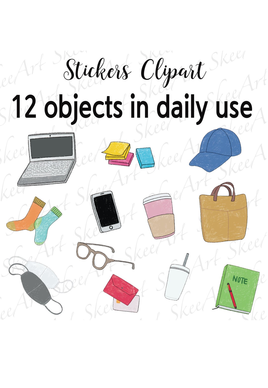 12 Objetos de uso diario / Pegatinas digitales dibujadas a - Etsy España