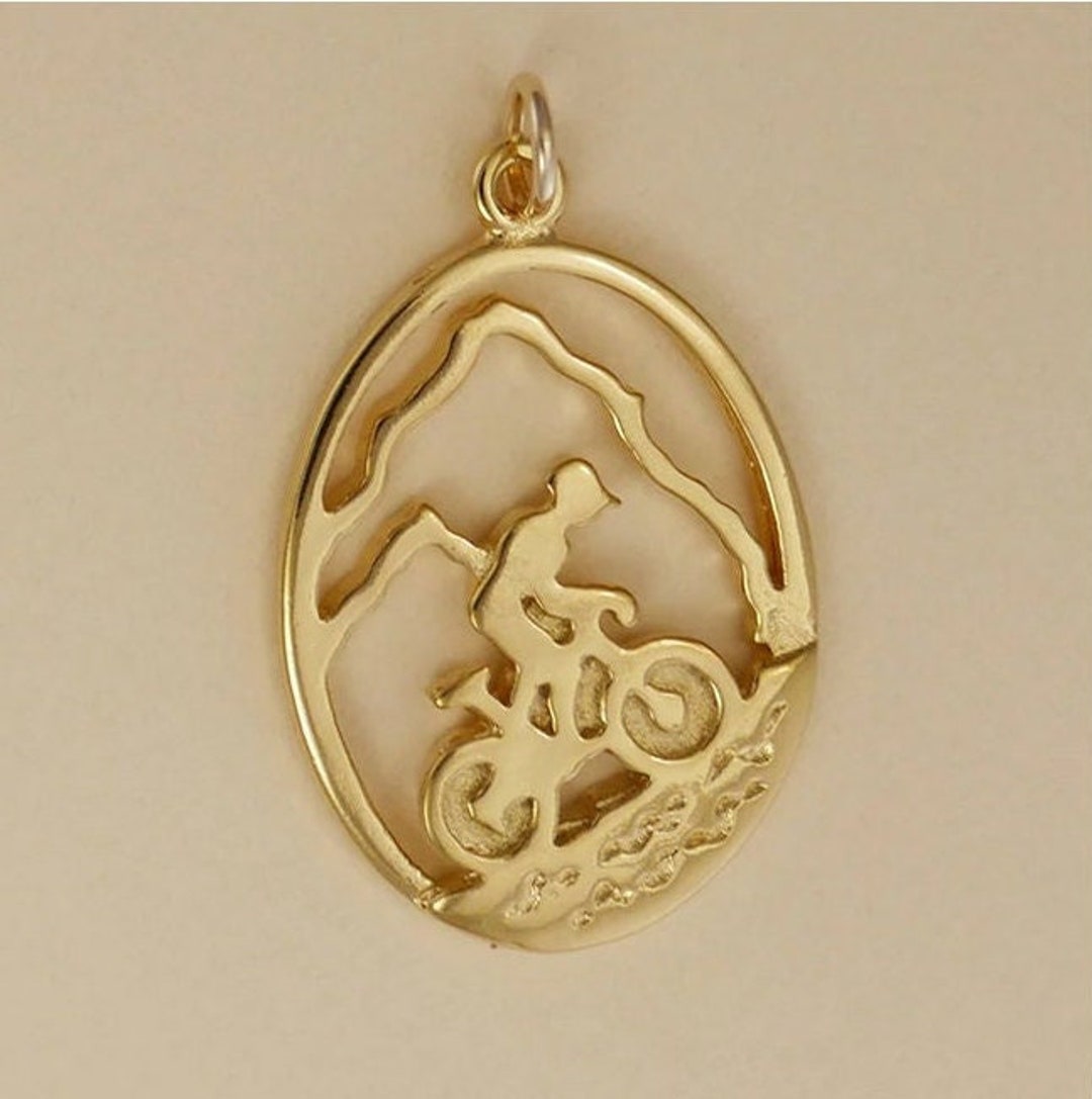 GOLD PLATED or STERLING Silver Mountain Biker Biking Charm Pendant Gift ...