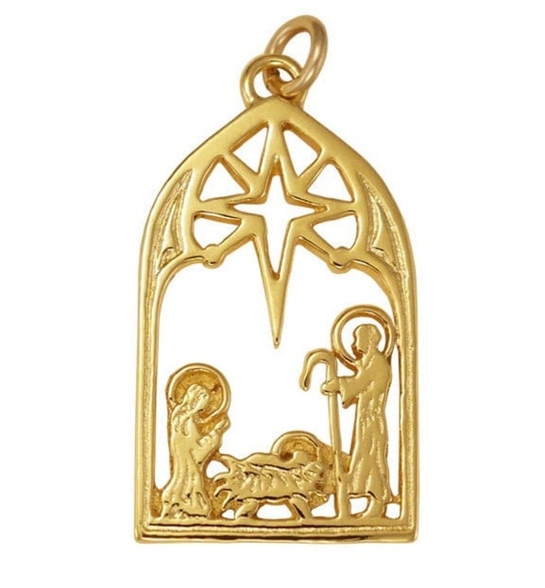 GOLD PLATED or STERLING Silver Nativity Scene Charm Pendant Gift for ...