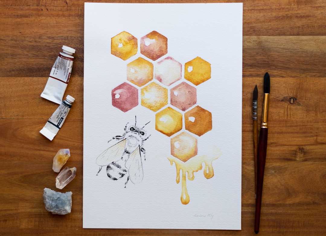 Bee and Honeycomb Original Mixed Media Watercolour and Ink Painting ...