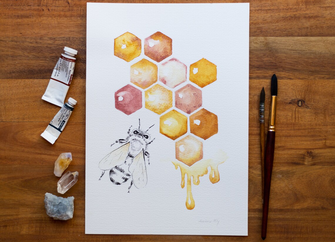 Bee and Honeycomb Original Mixed Media Watercolour and Ink Painting ...