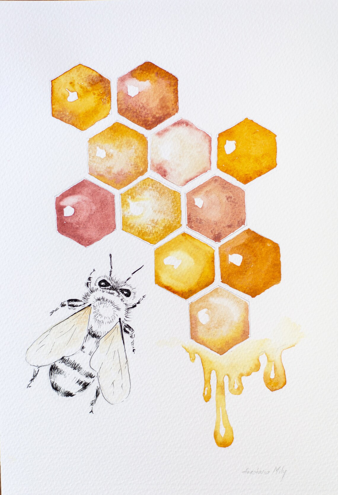Bee and Honeycomb Original Mixed Media Watercolour and Ink Painting ...