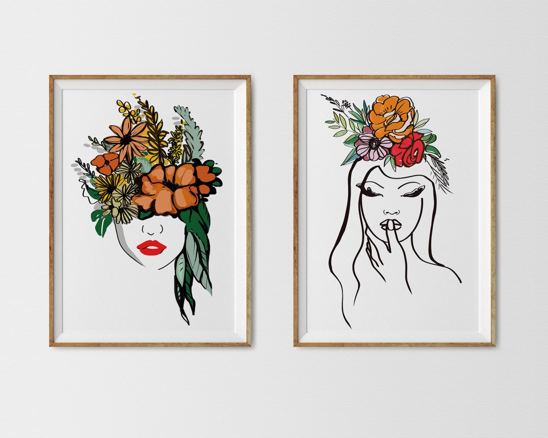 Floral Woman Line Art Print Set: Modern Minimalist Decor (digital ...