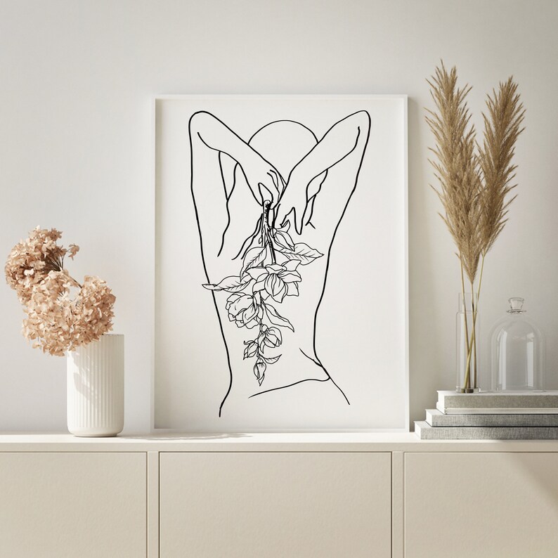 Female Back Wall Art Flower Head Woman Figure Line Art One | Etsy
