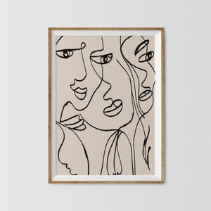 Continuous Line Art Faces, Abstract Faces Poster, One Line Faces ...