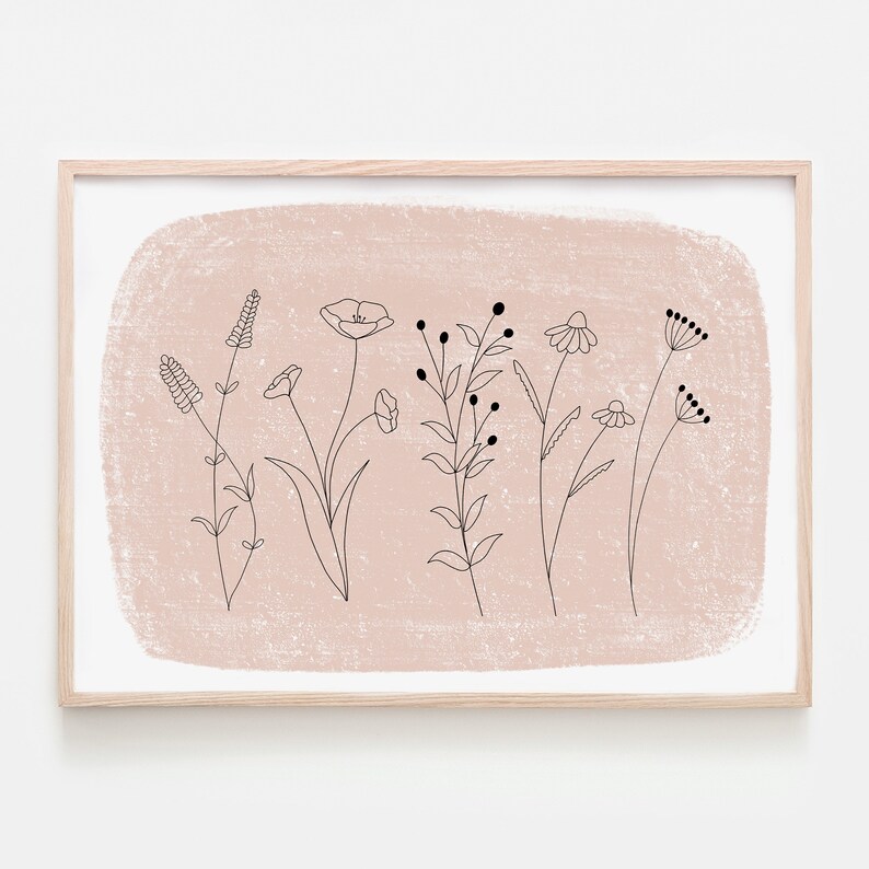 Minimalist Line Pink Flowers Wall Art Wild Flowers Print | Etsy
