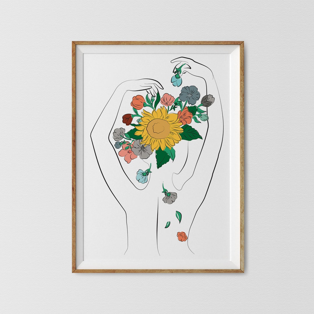 Female Back Wall Art Print, Woman Figure Art Printable, Flower Head ...