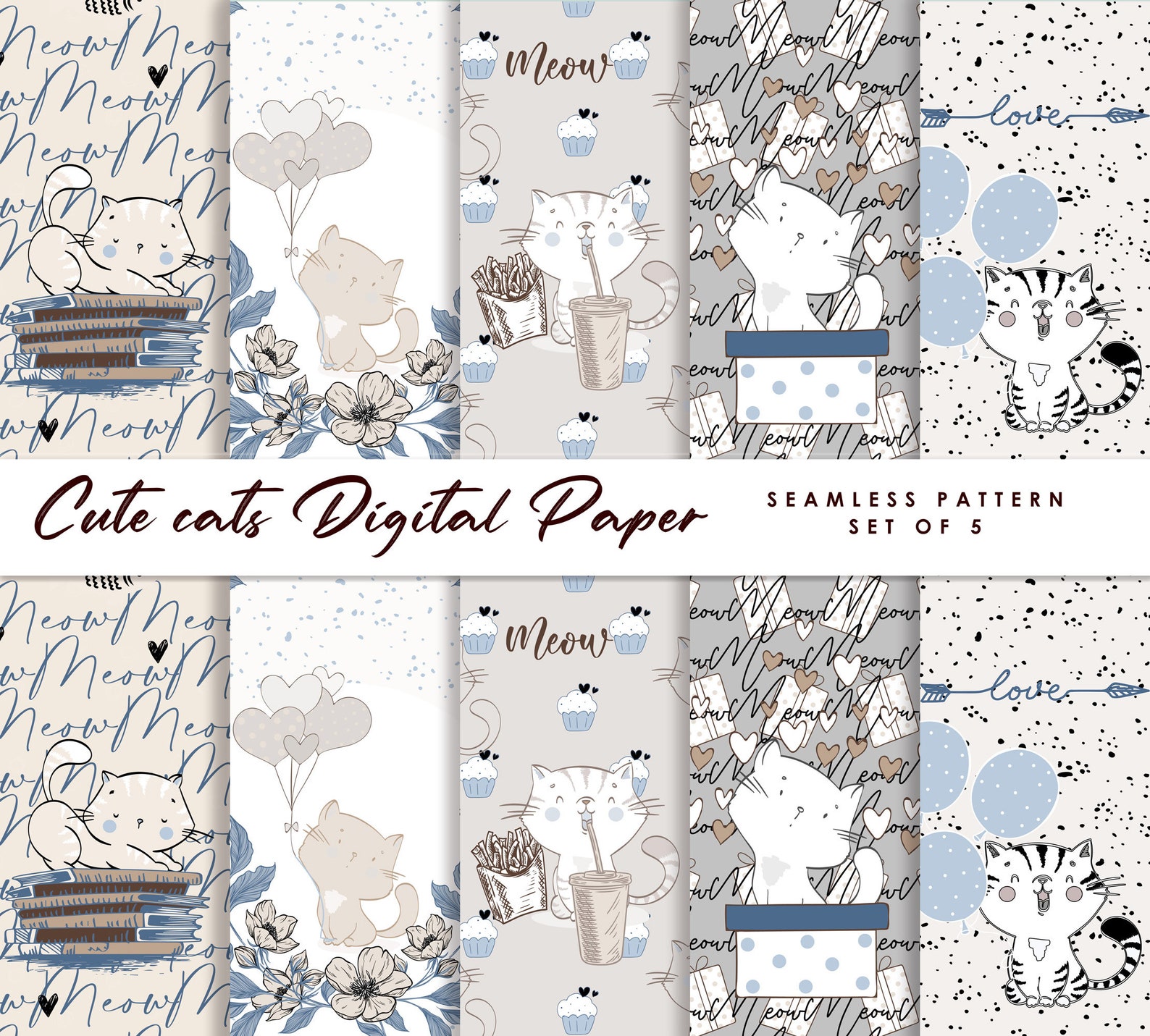 5 Cute Cat Digital Paper Pack, Kitty Digital Paper, Hand Drawn Cat ...